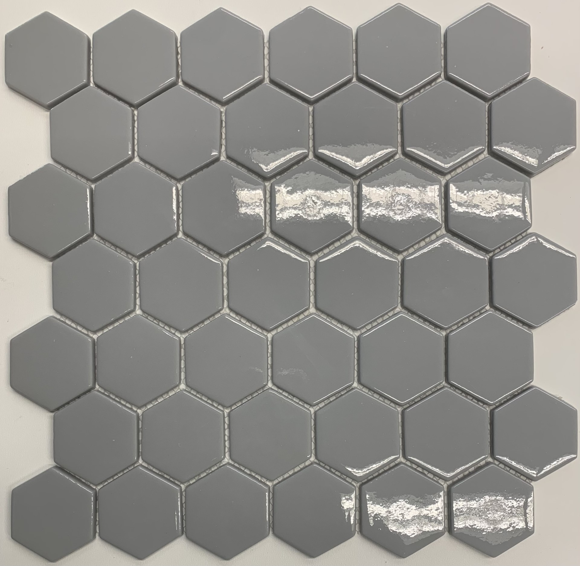 Glass RG 2" Hexagon Grey Glossy - Saltillo Tile Calgary